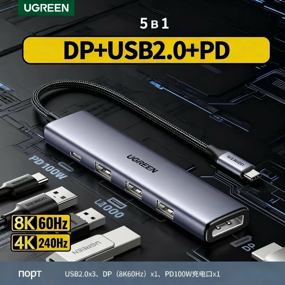 Ugreen Переходник USB HUB 5 в 1. USB разветвитель, type c DP, док станция type c, usb хаб для macbook, DP, USB 2.0, PD