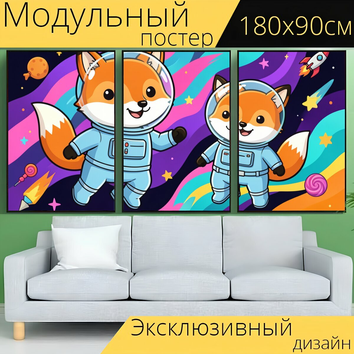 Модульный постер "Лисички в космосе. Милая мультяшная иллюстрация с двумя рыжими зверятами в скафандрах среди планет, ракет, звезд и." 180 x 90 см. для интерьера на стену в тубусе
