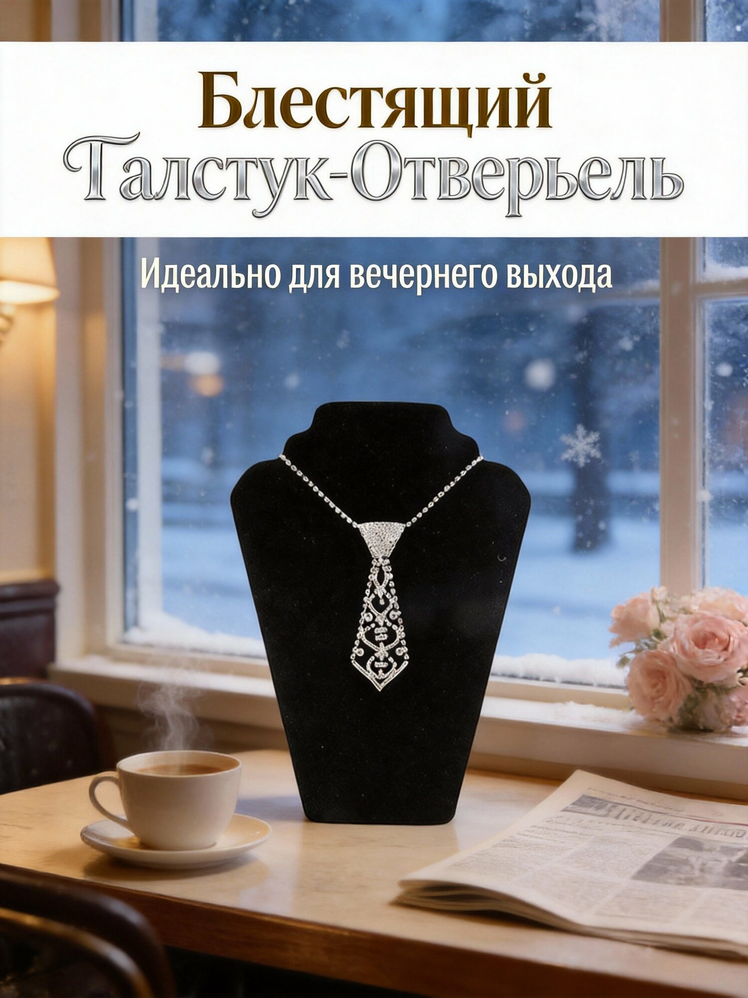 Ожерелье-галстук со стразами, серебристое из металлического сплава с удлинительной цепочкой 22+17 см для вечерних и сценических образов