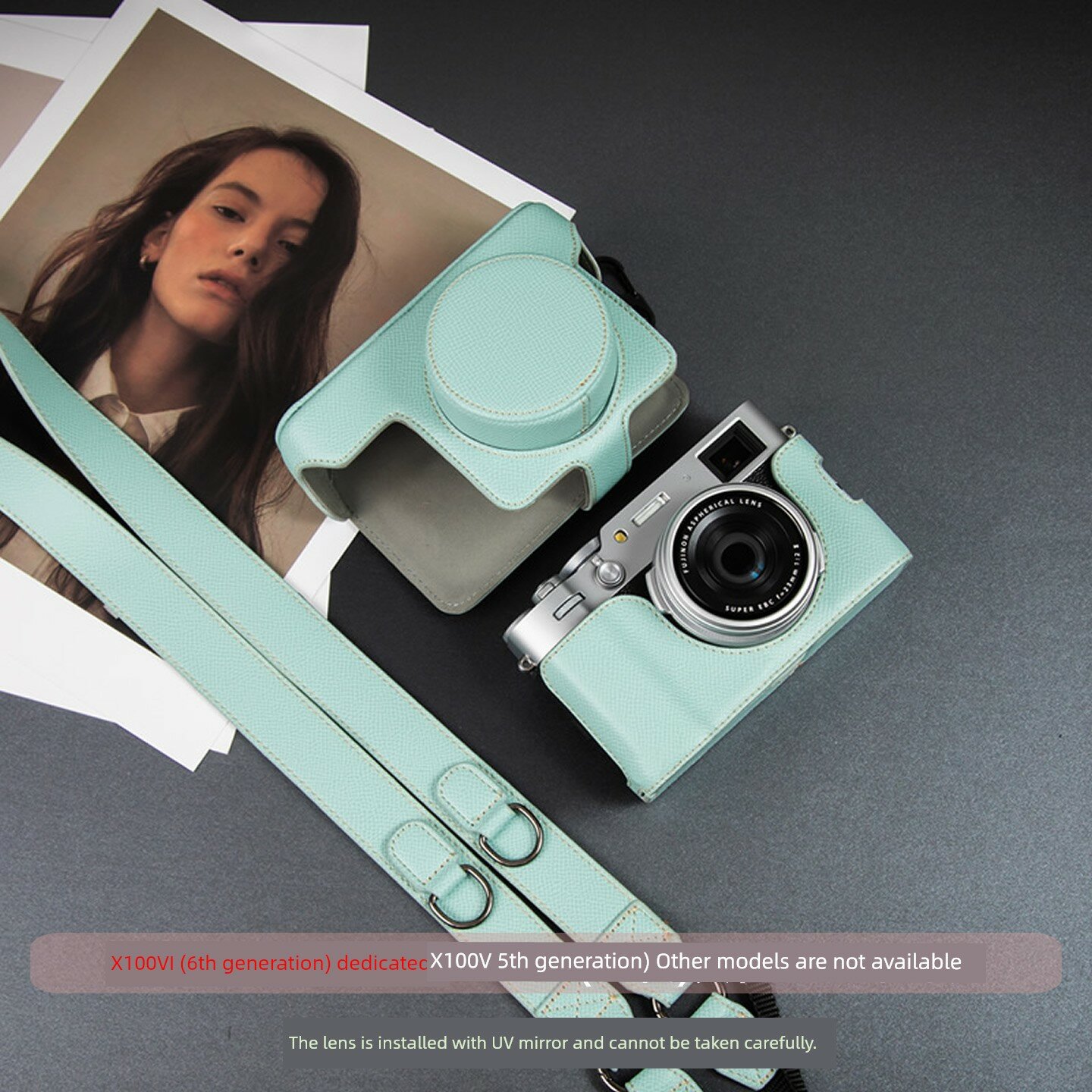 Кожаный чехол для камеры Fujifilm X100VI с рельефной текстурой, тиффани-бирюзовый цвет с чехлом для объектива