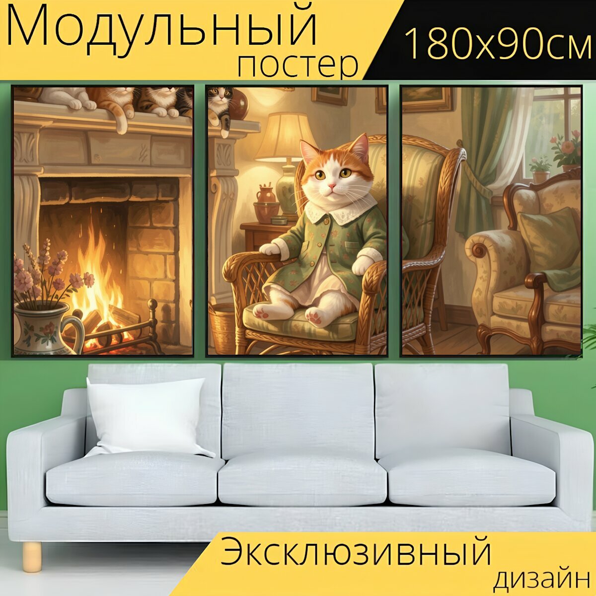 Модульный постер "Коты у камина в гостиной. Уютная домашняя сцена в теплых бежево-зеленых тонах: пушистые кошки в каминной комнате." 180 x 90 см. для интерьера на стену в тубусе