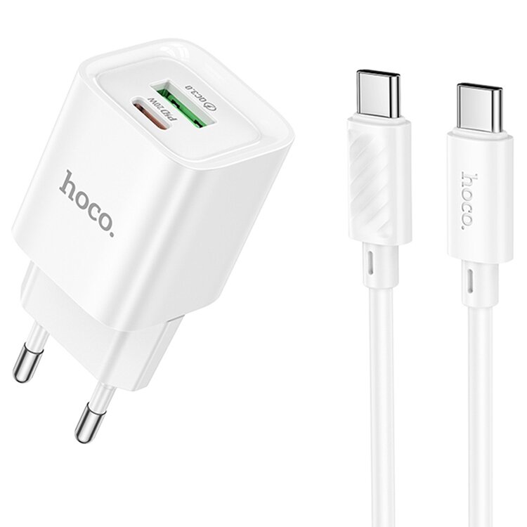 Сетевое зарядное устройство HOCO C147A, с портами Type-C PD20W + USB-A QC3.0, с кабелем USB-C, White