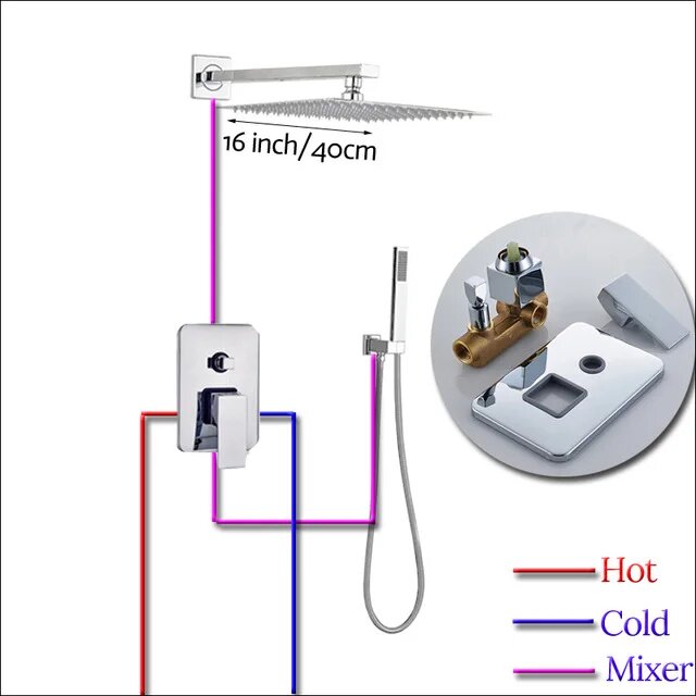 Встроенная система смесителей для ванной комнаты с кронштейном Rozin Wall Mount Rainfall Shower Faucet Set из хрома, 16-дюймовый дождевой душ с поворотным краном для ванны, смесительный кран — 16 дюймов, 2 режима