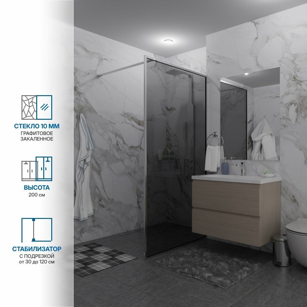 Душевая перегородка SHOWER GLASS GK-24-10мм 50x200 см, цвет фурнитуры хром блестящий, цвет стекла графитовый, стекло закаленное 10 мм