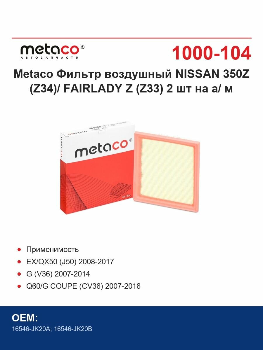 Metaco Фильтр воздушный NISSAN 350Z (Z34)/ FAIRLADY Z (Z33) 2 шт на а/ м
