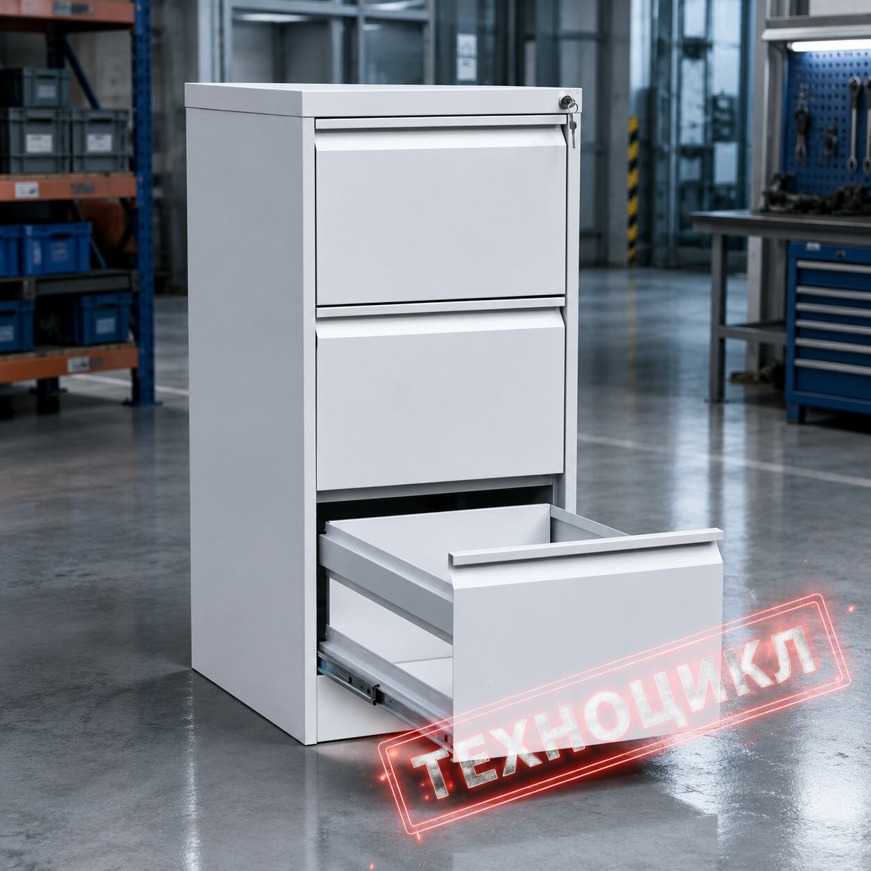Шкаф картотечный металлический, ТЦК-КТ-100, 3 ящика, 1010х485х600 мм, серый RAL 7035, техноцикл