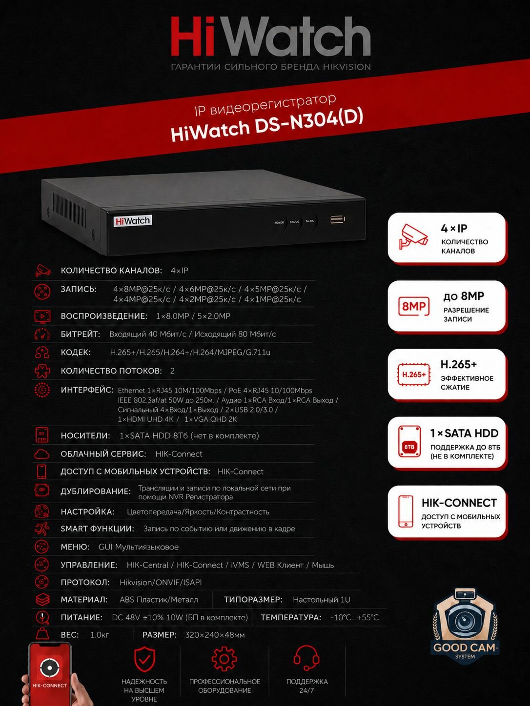 IP видеорегистратор HiWatch DS-N304(D) 4 канала 8MP 4K PoE H.265+