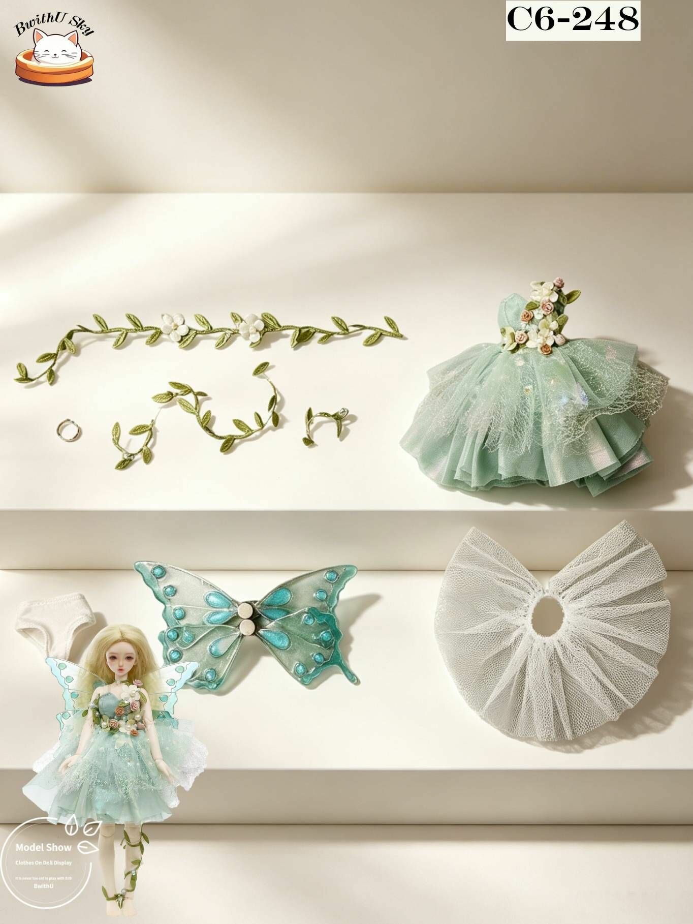 BwithUSky C6-248 for BJD 1/6 Firefly Комплект для БЖД Лесная фея: платье, крылья, венок и аксессуары