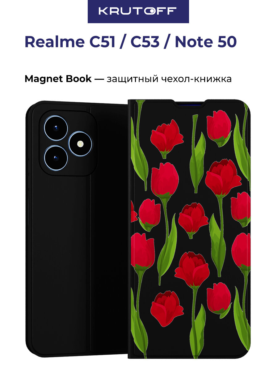 Чехол-книжка Krutoff Magnet Book для Realme Note 50 Розы паттерн (черный)