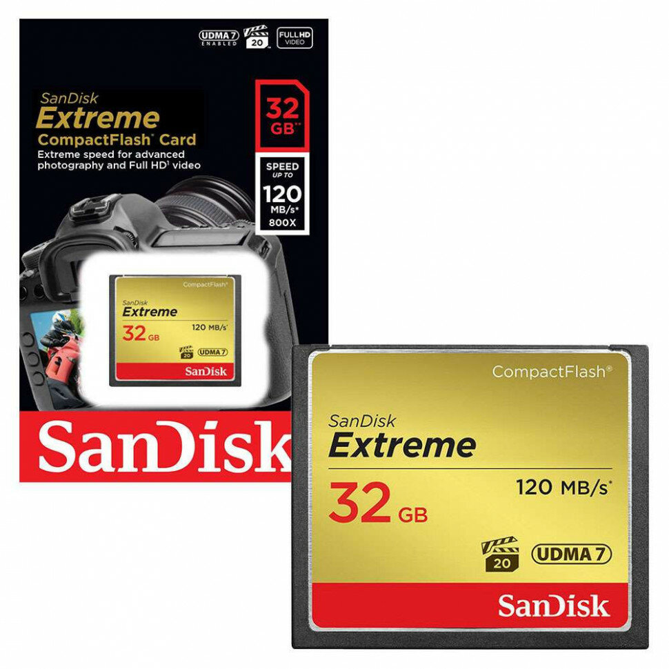 Карта памяти SanDisk "Extreme CompactFlash", 32ГБ, чтение 120МБ/с, запись 85МБ/с