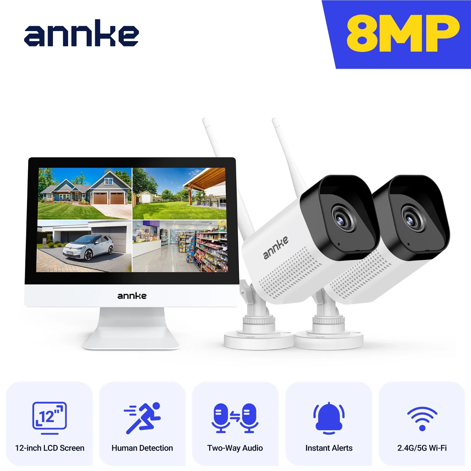 Система беспроводных камер безопасности Annke 8MP с Wi-Fi, 12-дюймовым ЖК-дисплеем, 2.4G, 5.8G, 4K, двухсторонним звуком, ИК-ночным зрением, наружной Wi-Fi-камерой