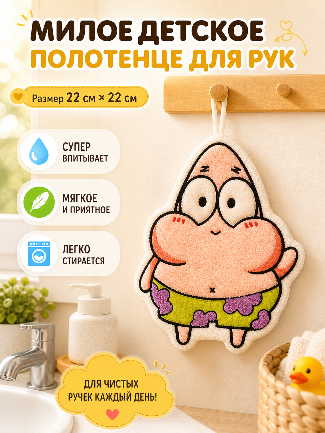 Полотенце для рук с Патриком, впитывающее, детское, мультяшное, милое