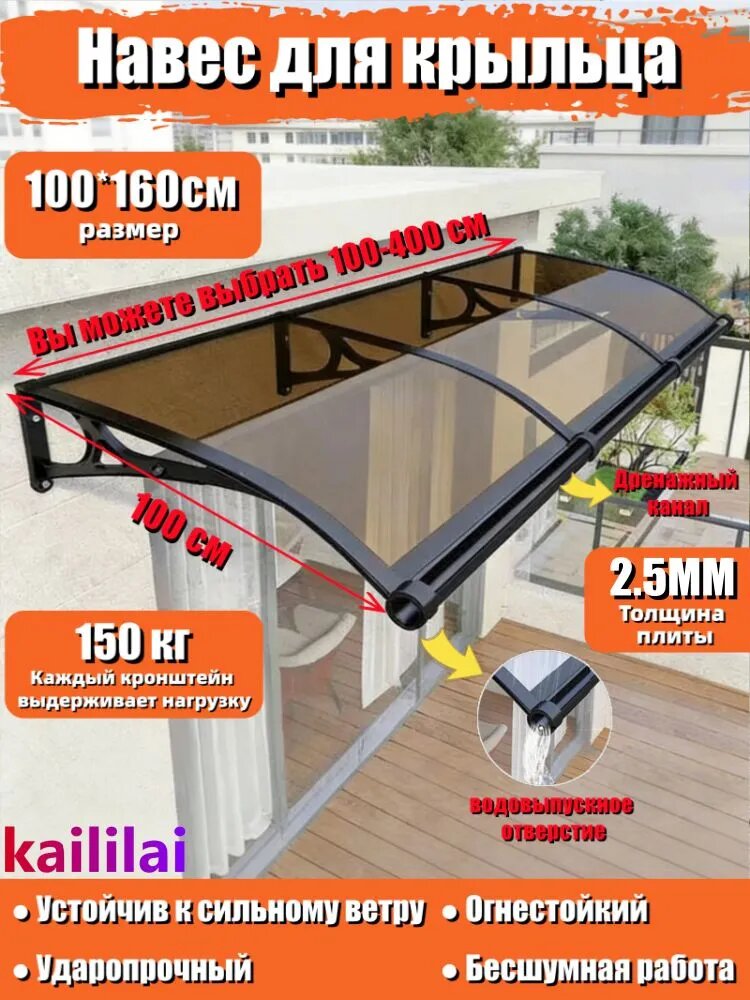 Маркизы для крыльца, входа, двери и окна; размеры 100*160 см, С раковиной, кронштейн из черного алюминиевого сплава; лист поликарбоната светло-голубой.