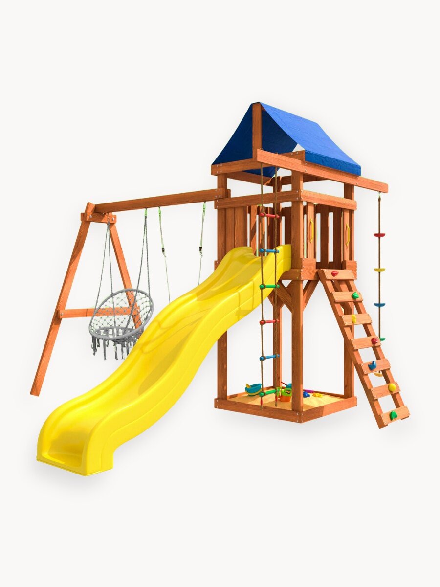 Детская площадка с качелями лодочка и подвесным плетеным креслом для улицы и дачи