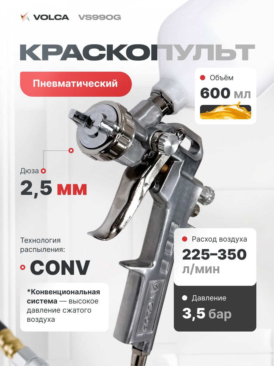 Краскопульт пневматический VOLCA VS990G 2.5 мм с бачком 600 мл, CONV, краскораспылитель для компрессора, окрасочный пистолет с верхним бачком для авто, мебели и дерева