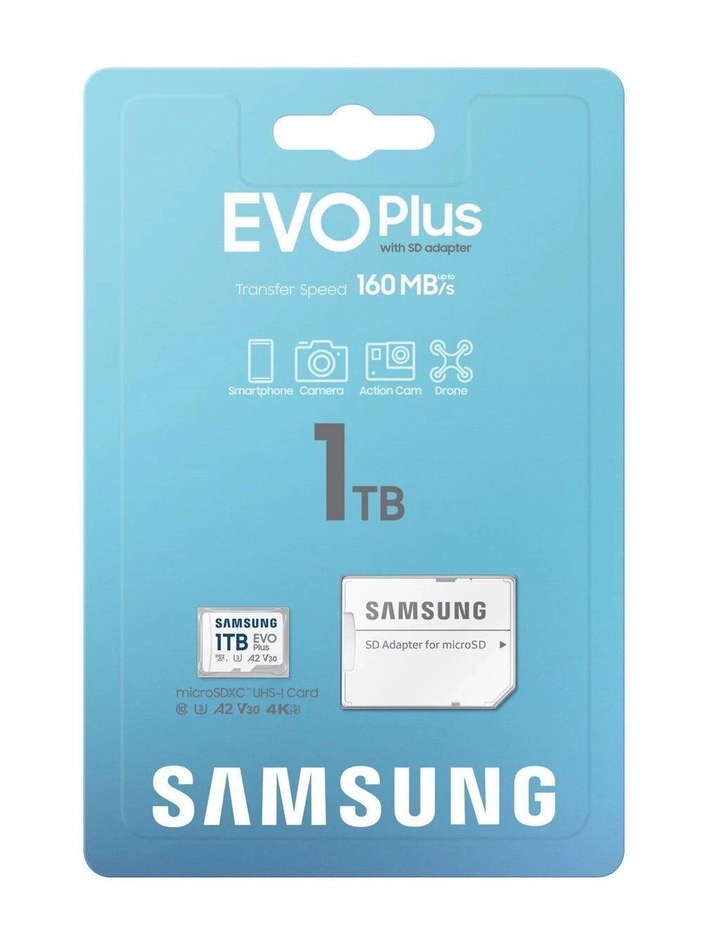 Карта памяти microSDXC UHS-I U3 Samsung EVO Plus 1024 ГБ, 160 МБ/с, Class 10, MB-MC1T0SA, 1 шт, переходник SD