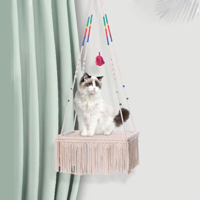 Гамак для кошек подвесной, квадратный, белый, из хлопка, с игрушкой, прочный, выдерживает до 35 фунтов