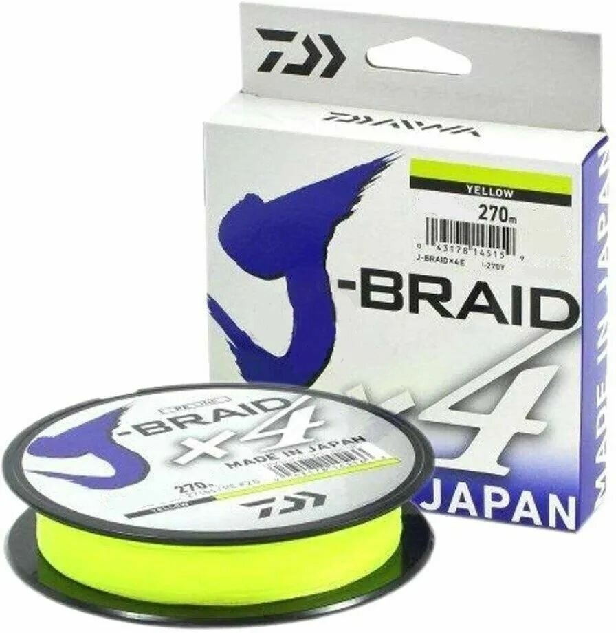 Плетеный шнур DAIWA J-Braid X4, четырехжильная диаметр d 0.33 мм, длина 270 м, вес 22.4 кг, цвет Желтый