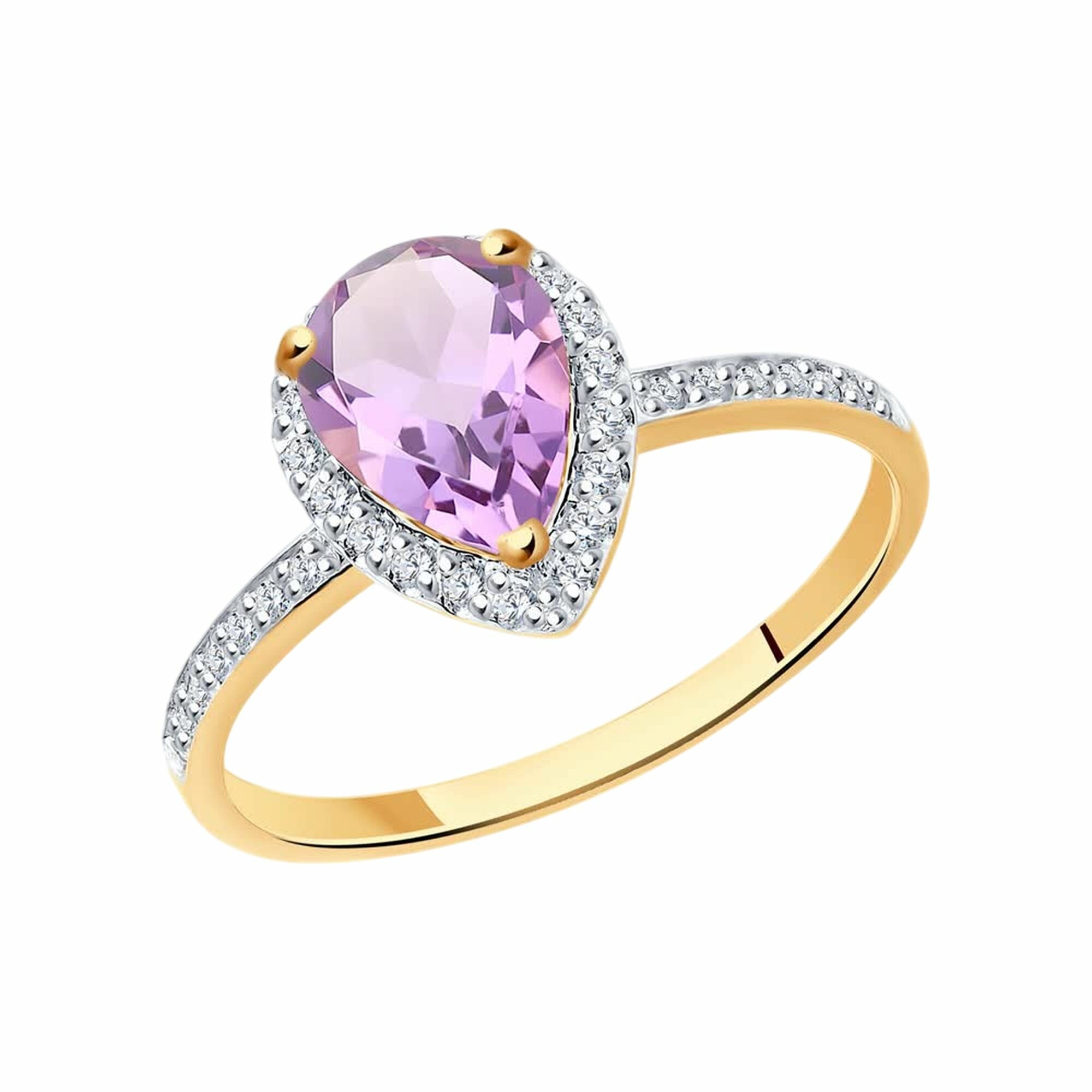 Кольцо, красное золото, 585 проба, аметист, фианит