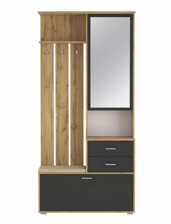 Шкаф для прихожей 65.08 Антре с зеркалом, 100х2087х362, дуб золотой/диамант серый/ткань велюр крем