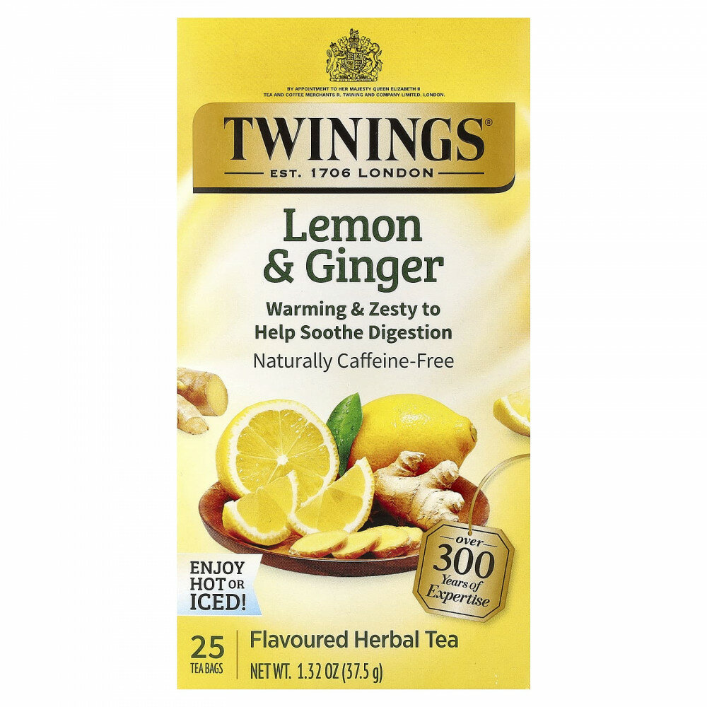 Twinings, травяной чай, без кофеина, лимон и имбирь, 25 пакетиков, 1,32 унции (37,5 г)