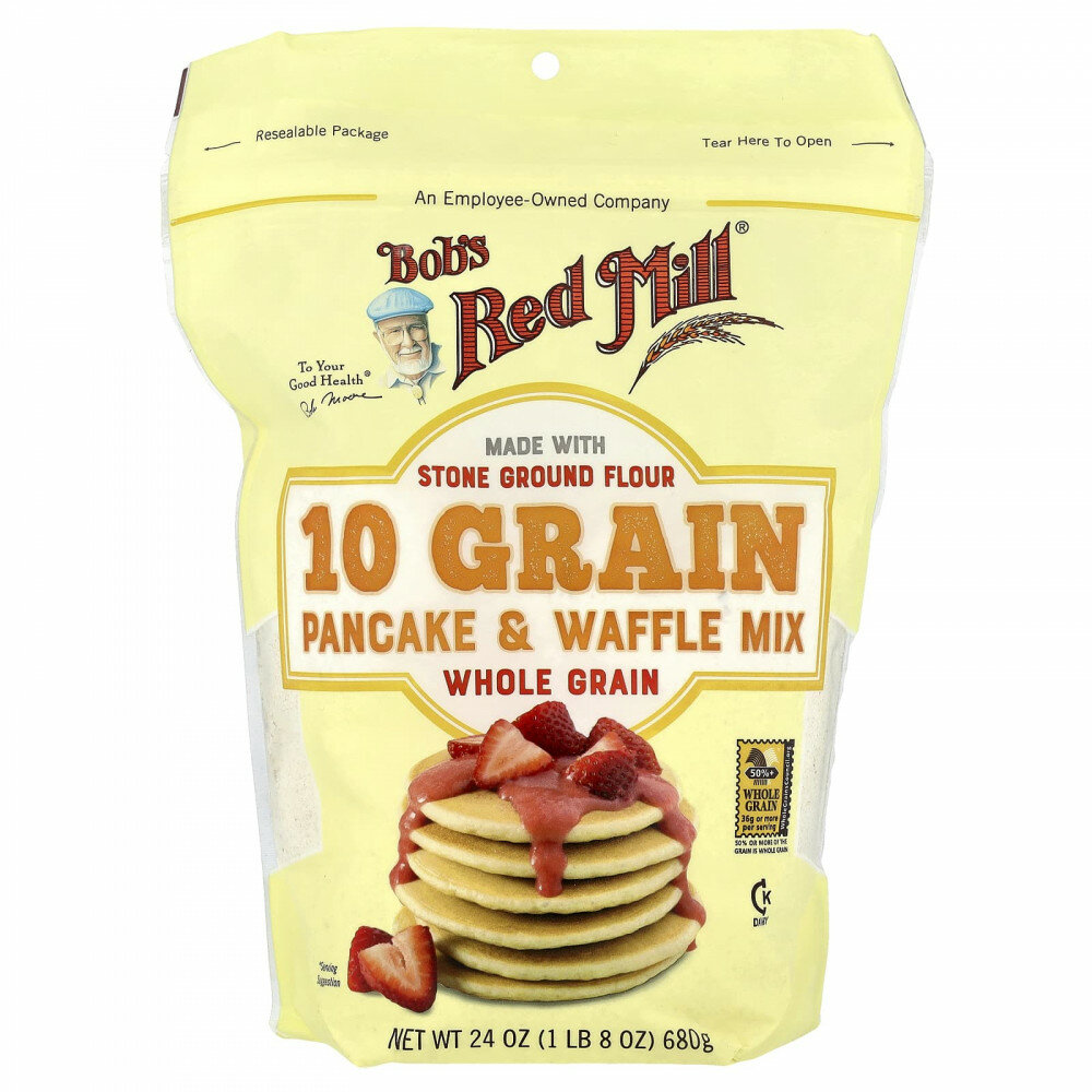 Bob's Red Mill, Смесь для блинов и вафель из 10 злаков, цельнозерновые, 680 г (24 унции)
