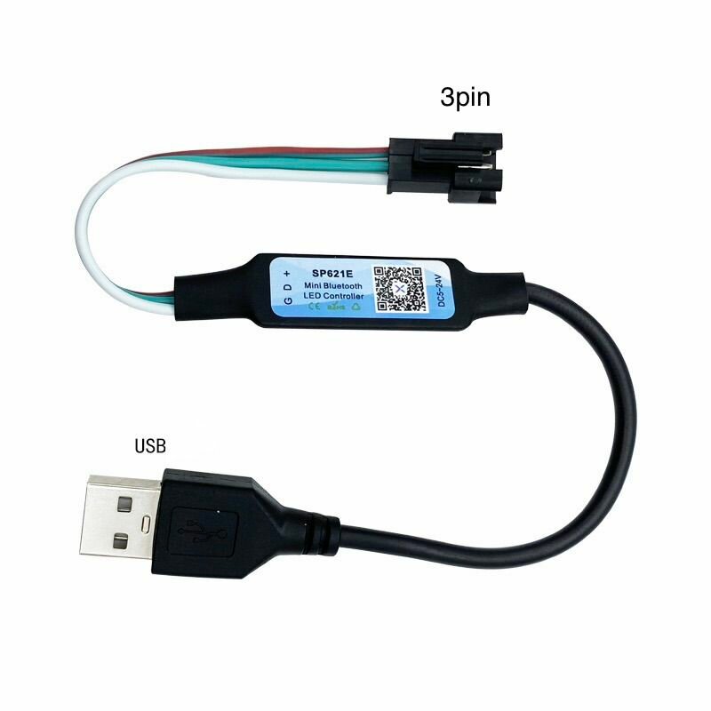 USB/3pin RGB контроллер Bluetooth SP621E для адресной ленты WS2812 WS2811, COB RGB, черный, 1шт
