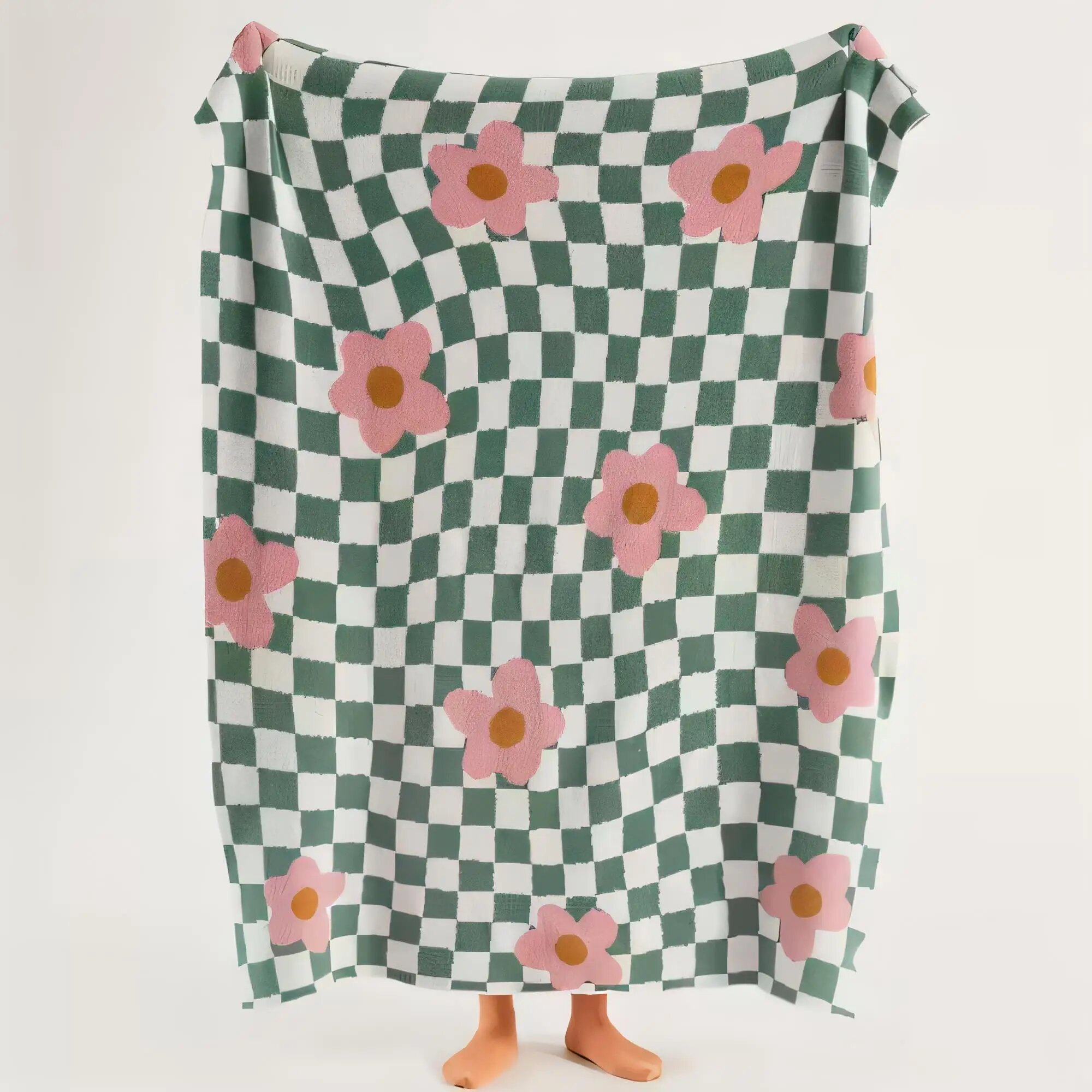 Зелено-белое клетчатое одеяло с цветочным узором 150X200cm