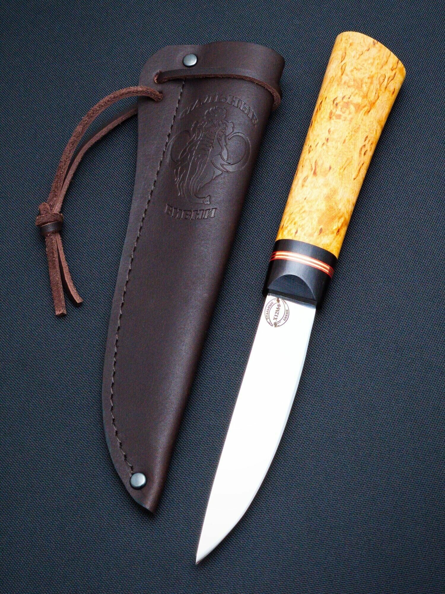 Нож Якут малый, Х12МФ (кованая сталь), Карельская береза-Черный граб, Элементы ковки, Стальные Бивни (Steel Tusks)