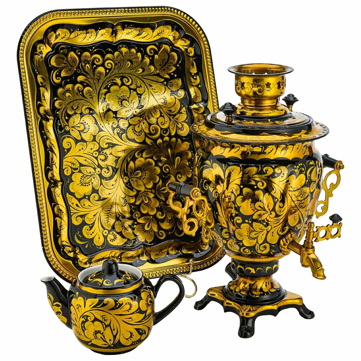 0076525 Самовар электрический "кудрина" черн, поднос прямоуг,3 л, желудь