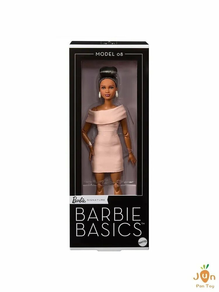 Кукла Mattel Barbie Basics Model 2026 Neutrals Series Model 08, Коллекционная совместная подвижная кукла Барби, с темными волосами, в коричневом платье и на каблуках с ремешками, JJX27