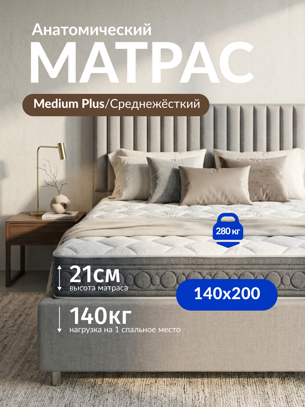 Матрас Strong Original Medium Plus 140x200, независимый пружинный, двуспальный, полутораспальный, жесткий, анатомический