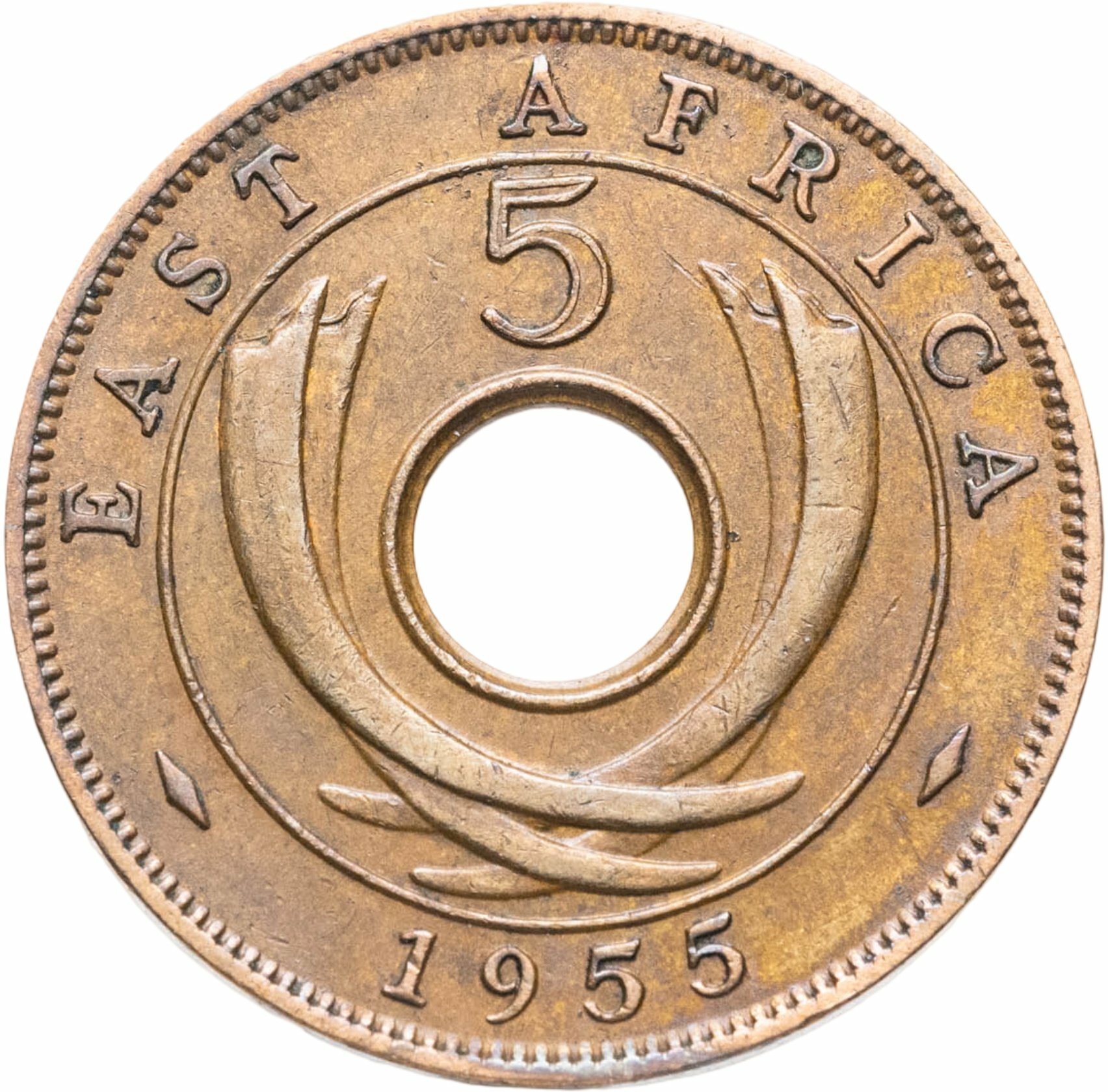 Британская Восточная Африка 5 центов cents 1955 KN знак монетного двора: "KN" - Кингз Нортон Металл, Бирмингем, Бронза, в сохранности XF