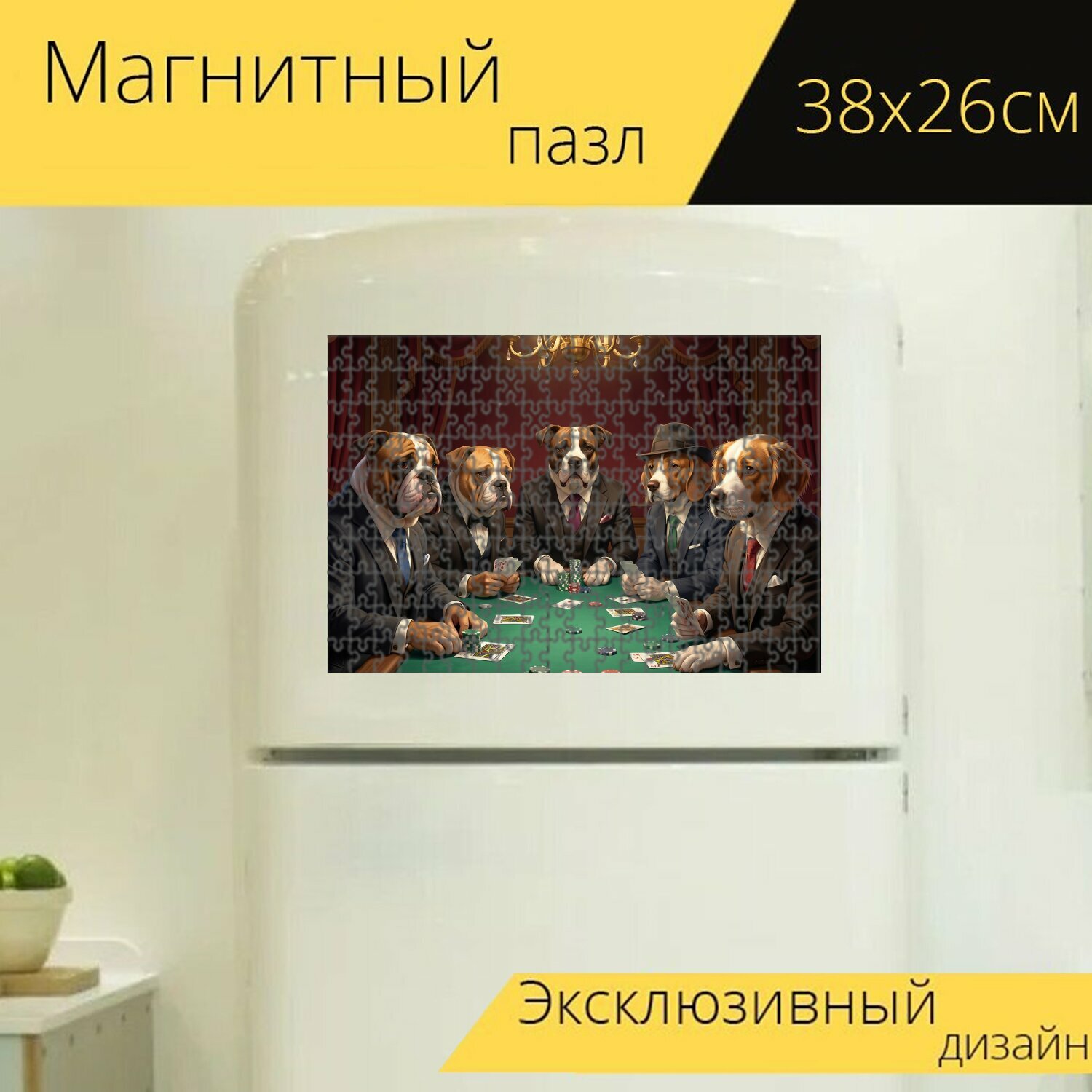 Магнитный пазл "Псы за карточным столом. Аристократичные собаки в костюмах и шляпе играют в покер за зелёным столом под люстрой. Тёмный бархатный интерьер." для интерьера, 38х26 см.