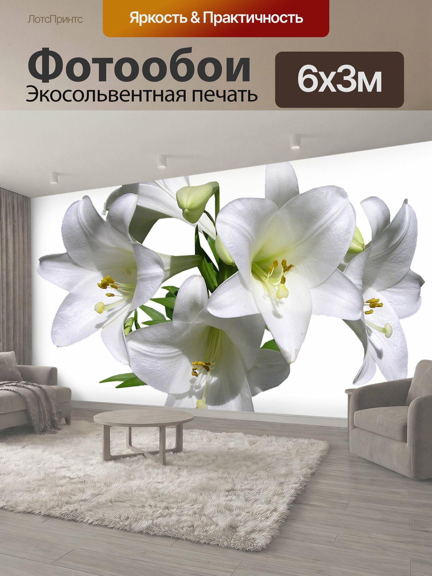 Фотообои "Лилии, белый, цветы" 600x300 см. экосольвентная печать