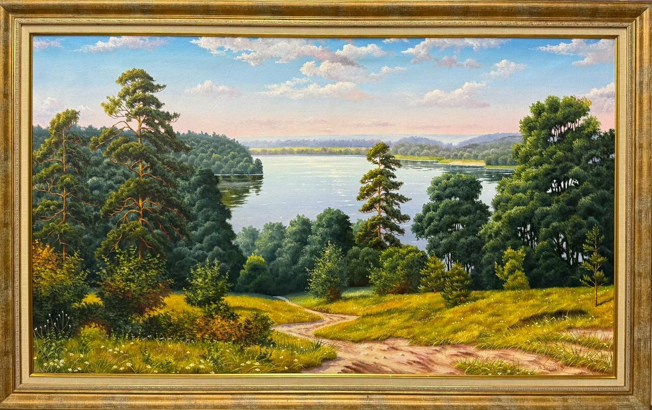 Картина маслом, летний пейзаж "Высокий берег". Холст/Масло, 2025. Размер 70х120. Автор Зайцев А.