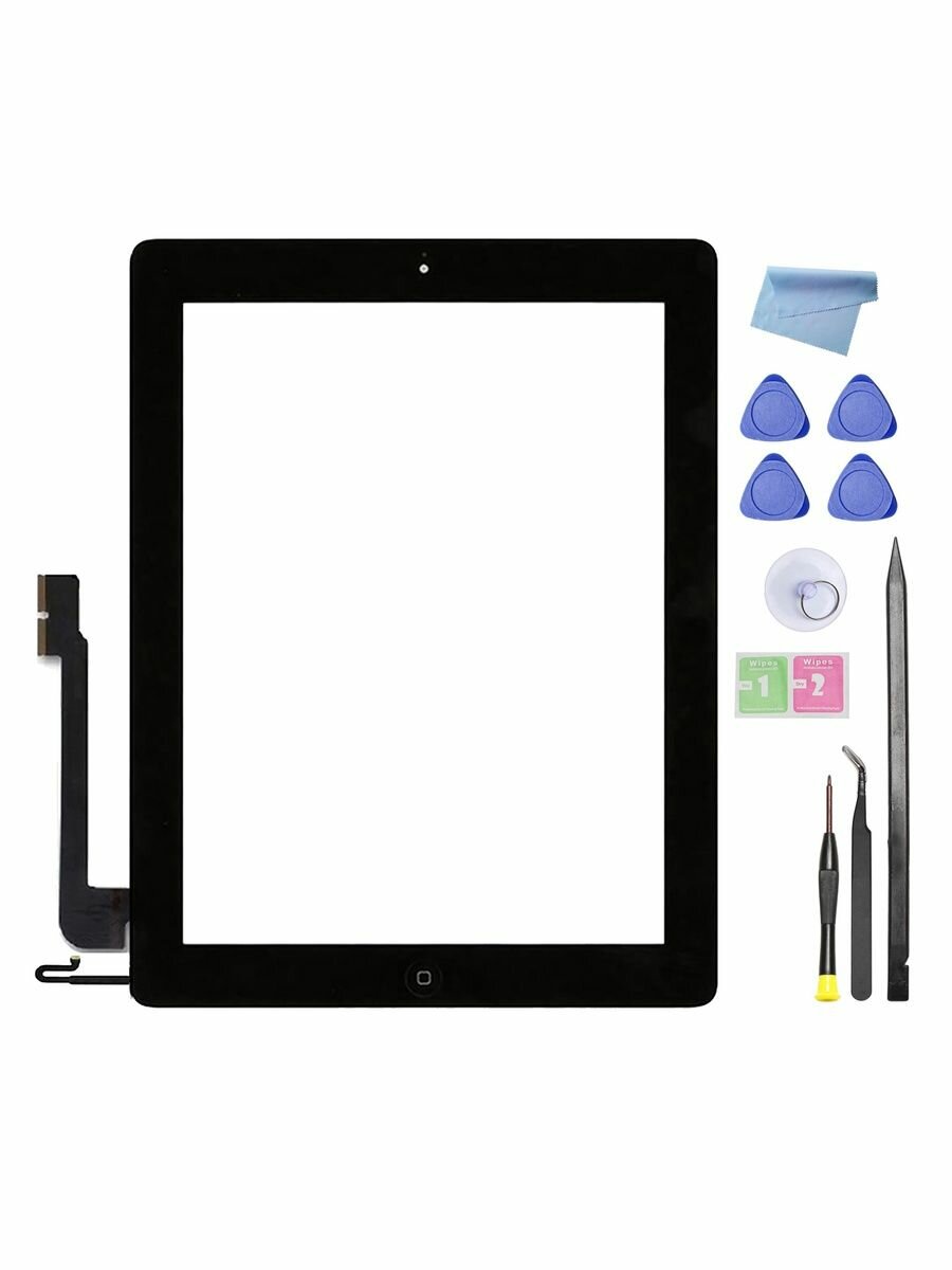 Экран для iPad 4 / iPad 4-го поколения (2012) 9.7" сенсорное стекло (тачскрин) в сборе, модель A1458 A1459 A1460, с кнопкой Home и набором инструментов чёрный