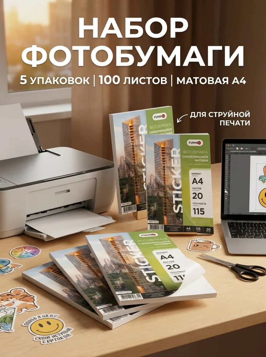 Фотобумага FUMIKO матовая самоклеящаяся 115гр А4 100л. (набор 5 пачек по 20 л.)