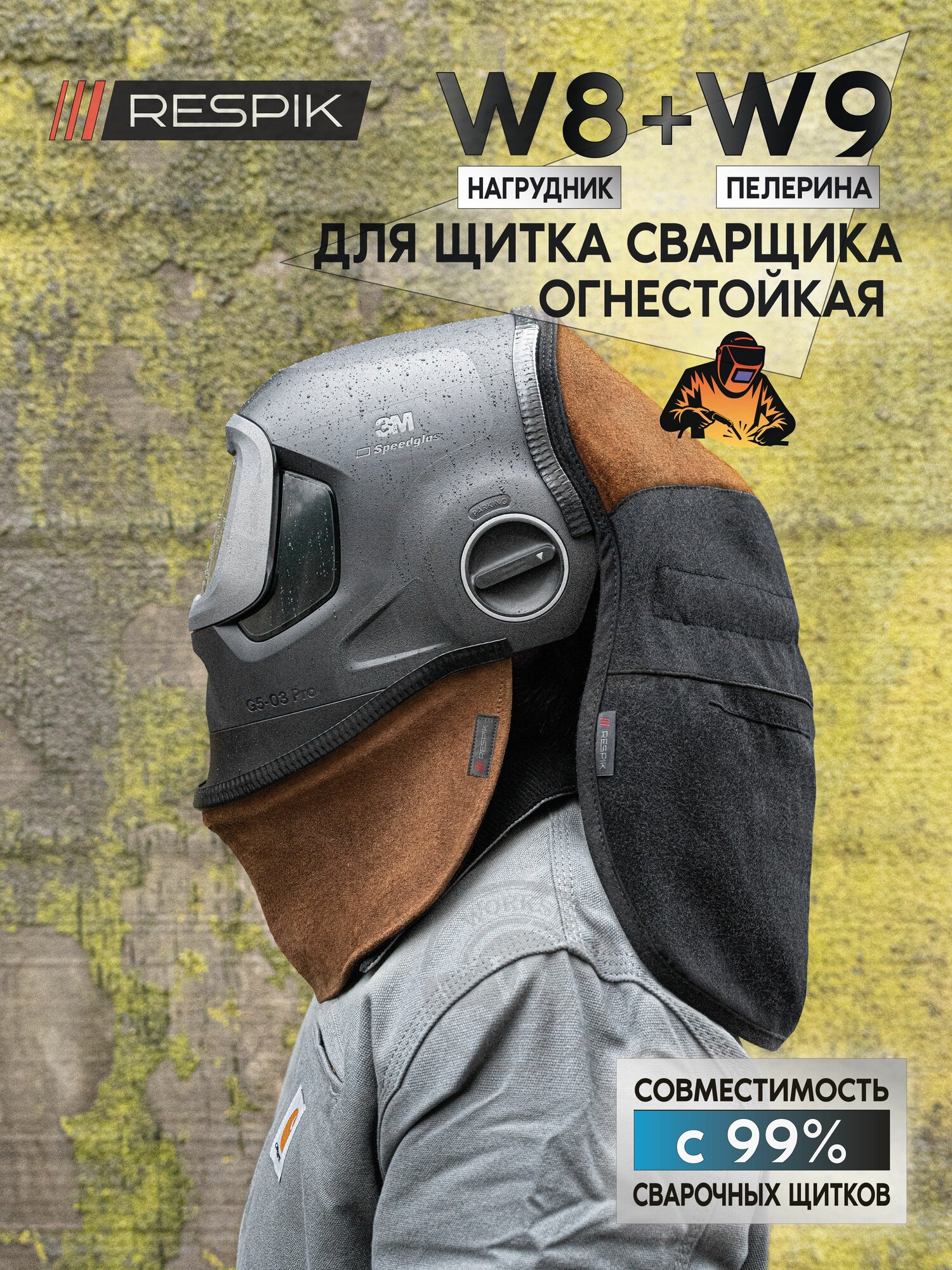 Комплект защита шеи / нагрудник RESPIK W8 + капюшон / пелерина RESPIK W9 для сварочной маски/щитка накидка от искр и брызг