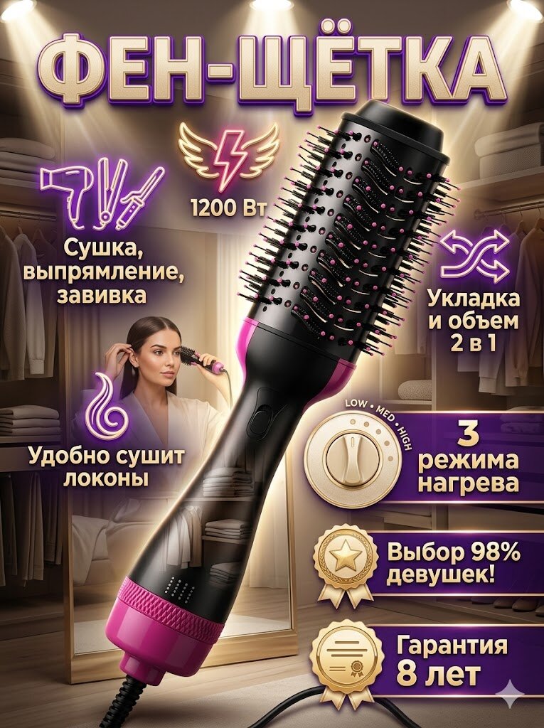 Фен-щетка для волос / Расческа с ионизацией One Step Фен-щётка (расчёска-фен) для волос Hair Dryer 3 в 1