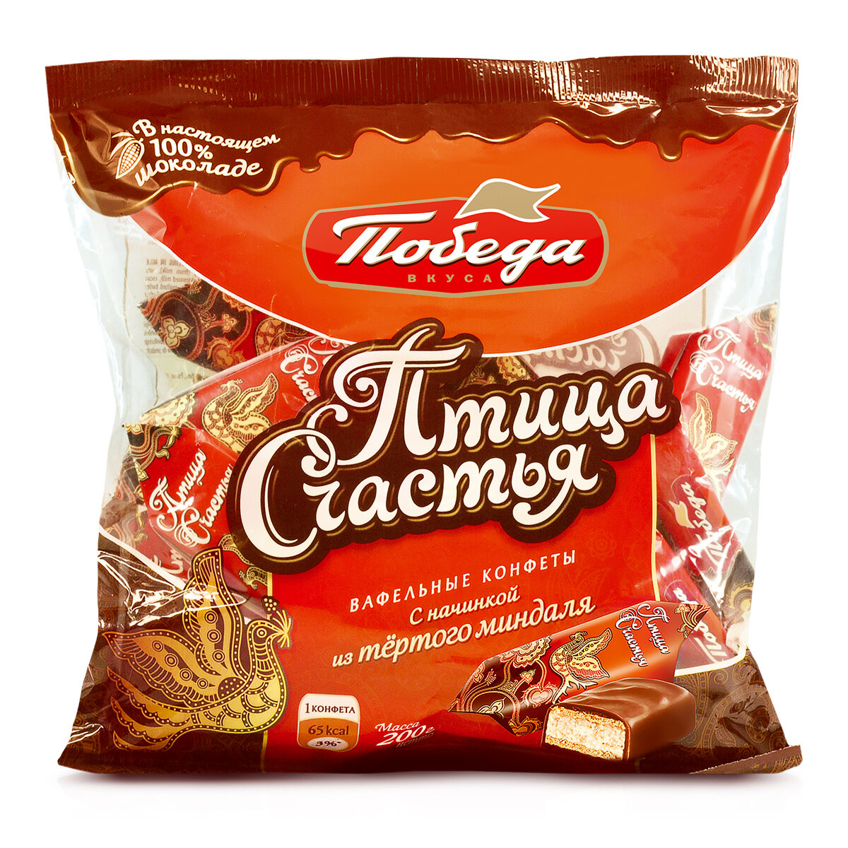 Победа вкуса ассорти Птица счастья вафельные с начинкой из тертого миндаля в сливочном шоколаде, пакет, 200 г, флоу-пак