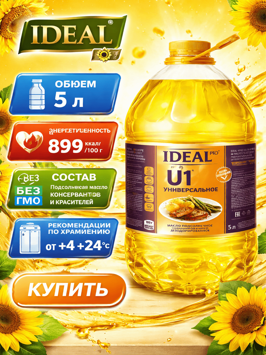Масло подсолнечное Ideal PRO U1 Универсальное рафинированное дезодорированное, 5л