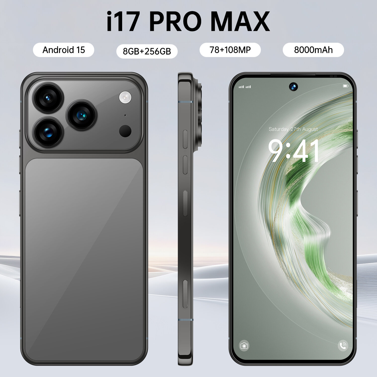 Смартфон i17 Pro Max, Android14 8/256GB, 6.6", 2 SIM 5G, чёрный