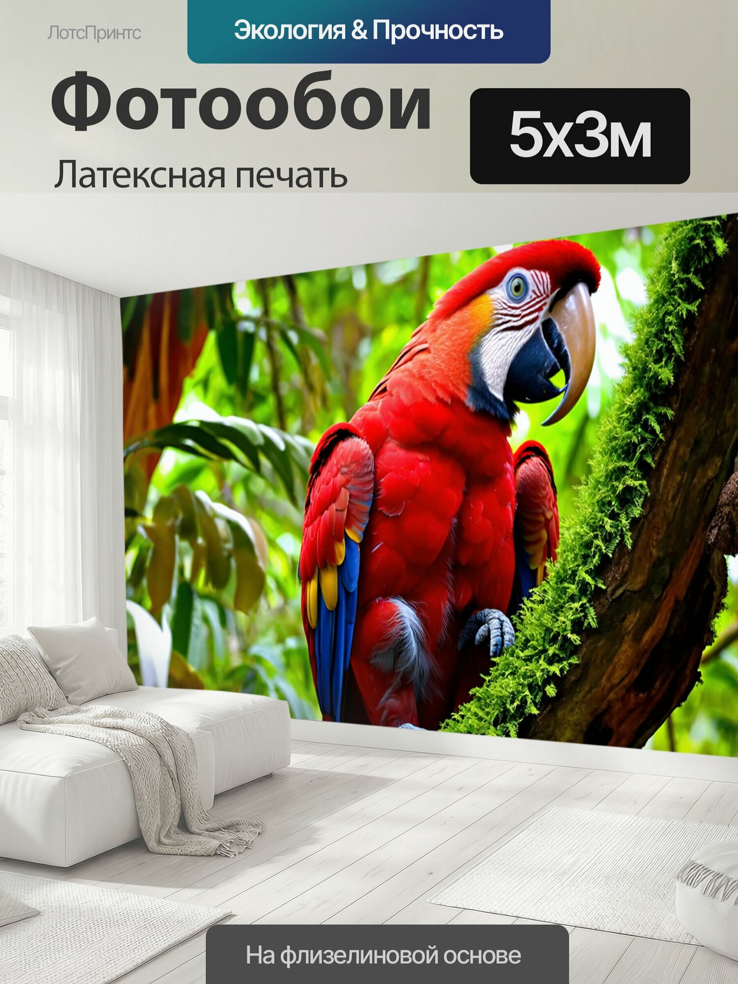 Фотообои моющиеся ударопрочные "Тропические животные в их естественной среде обитания, включая красных попугаев, ягуаров, и ленивцев, обитающих в." 500x300 см. латексная печать