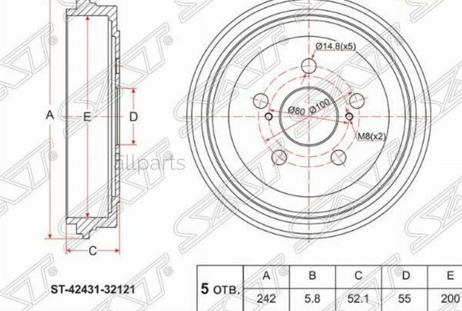 SAT ST-42431-32121 Барабан тормозной (Сзади) Toyota Allion (T240, T260) 01-16 / Premio 01-16