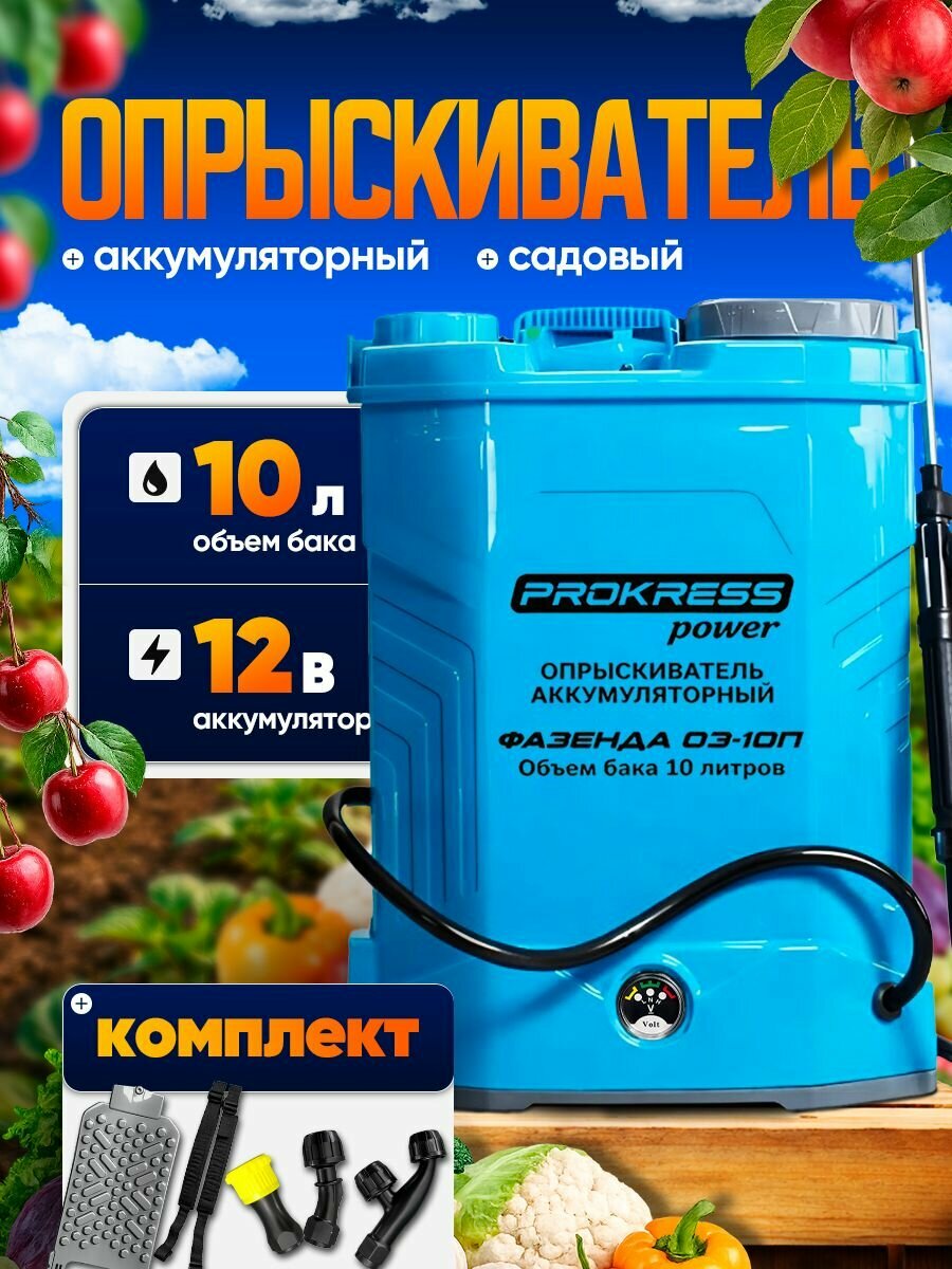 Опрыскиватель садовый аккумуляторный/ранцевый/электрический для растений фазенда ОЭ-10 л С набором (10 литров, телескопическая удочка, 3 насадки, длинная штанга)