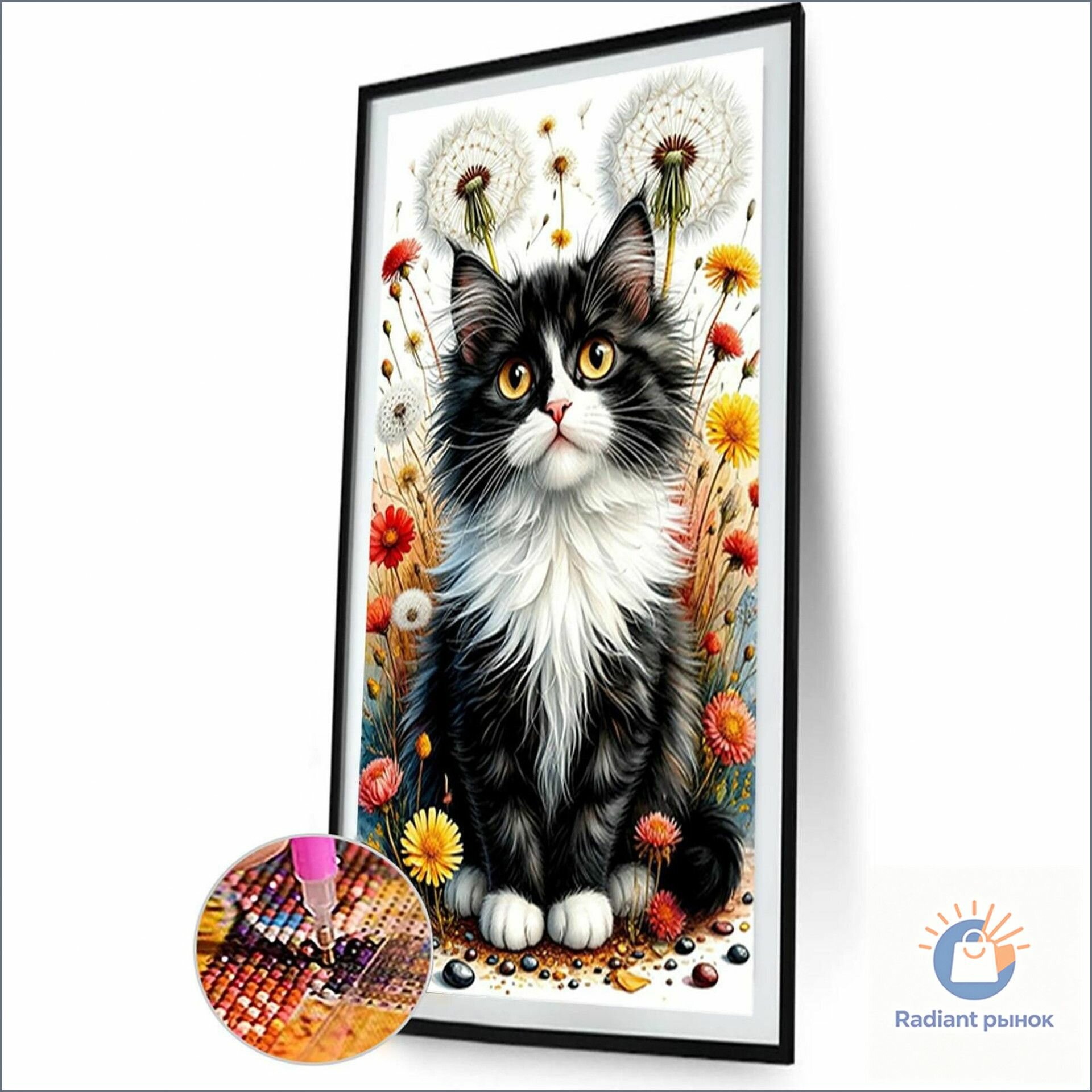 Круглые стразы Алмазная картина с котом и пейзажем 40x70 см
