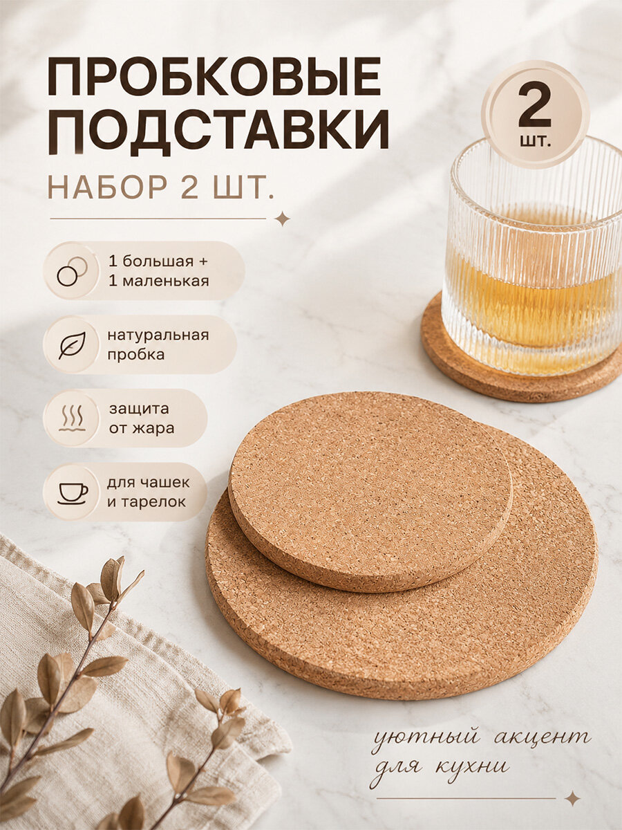 Подставка под горячее пробковая, набор 2 шт 10 см и 16 см