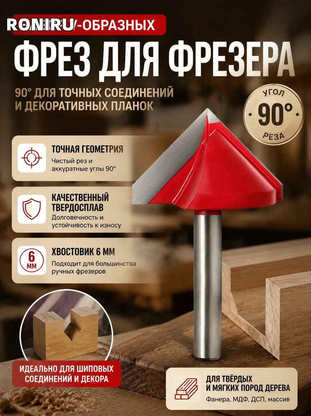 Набор V-образных фрез для фрезера по дереву 90° для точных шиповых соединений и декоративных планок, хвостовик 6 мм