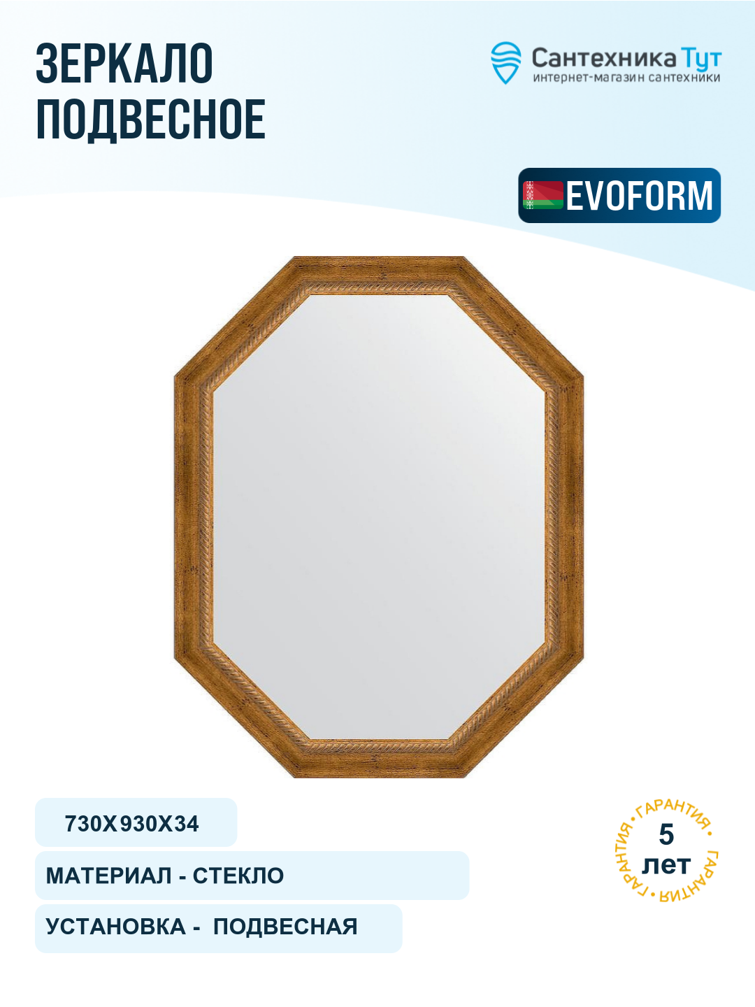 Зеркало Evoform Octagon 73x93 BY 7116 в багетной раме - Состаренная бронза с плетением 70 мм